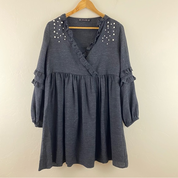 Zara | Dresses | Zara Basics Size Medium Charcoal Grey Pearled Vneck ...